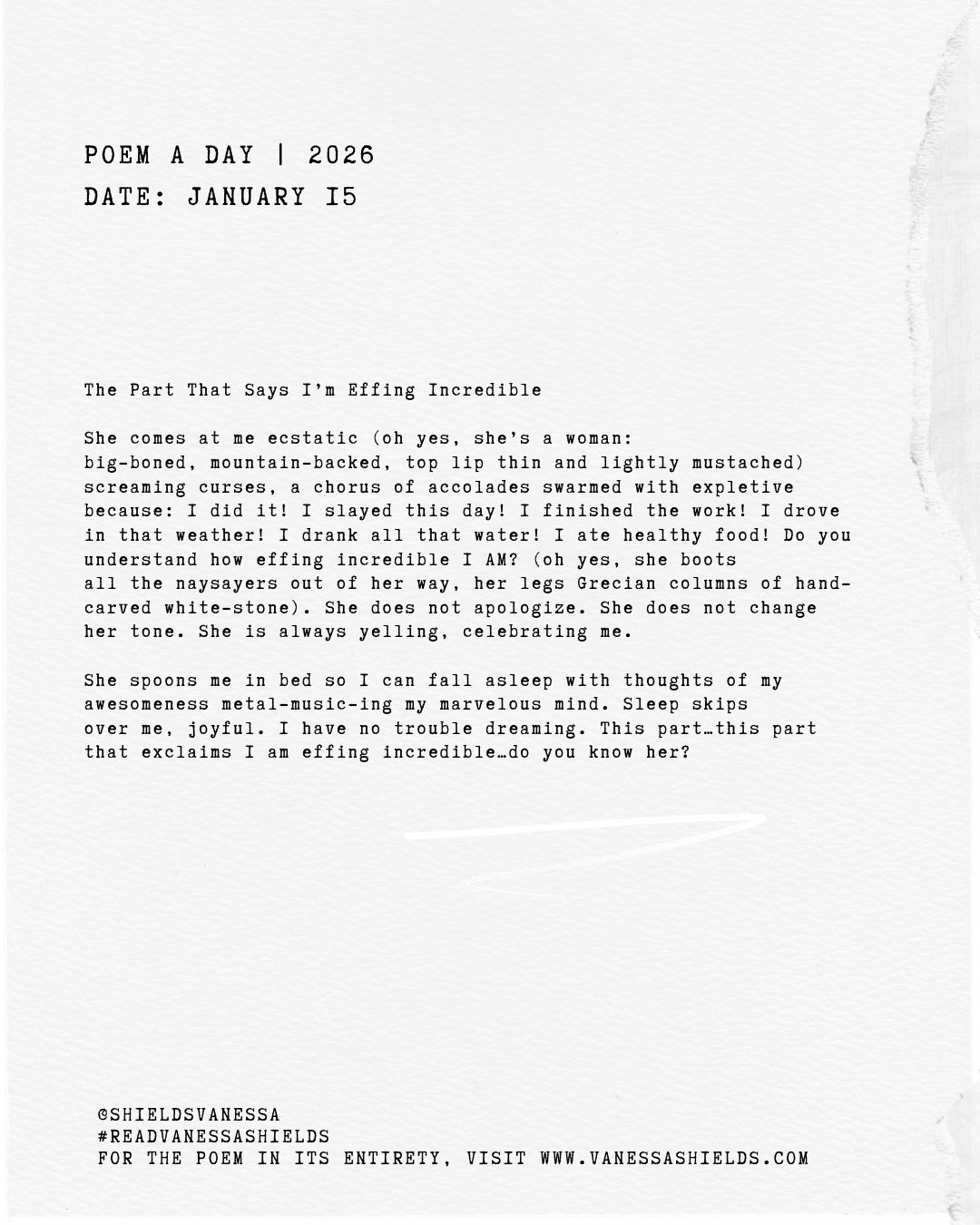 POEM A DAY – January 15 – VANESSA SHIELDS