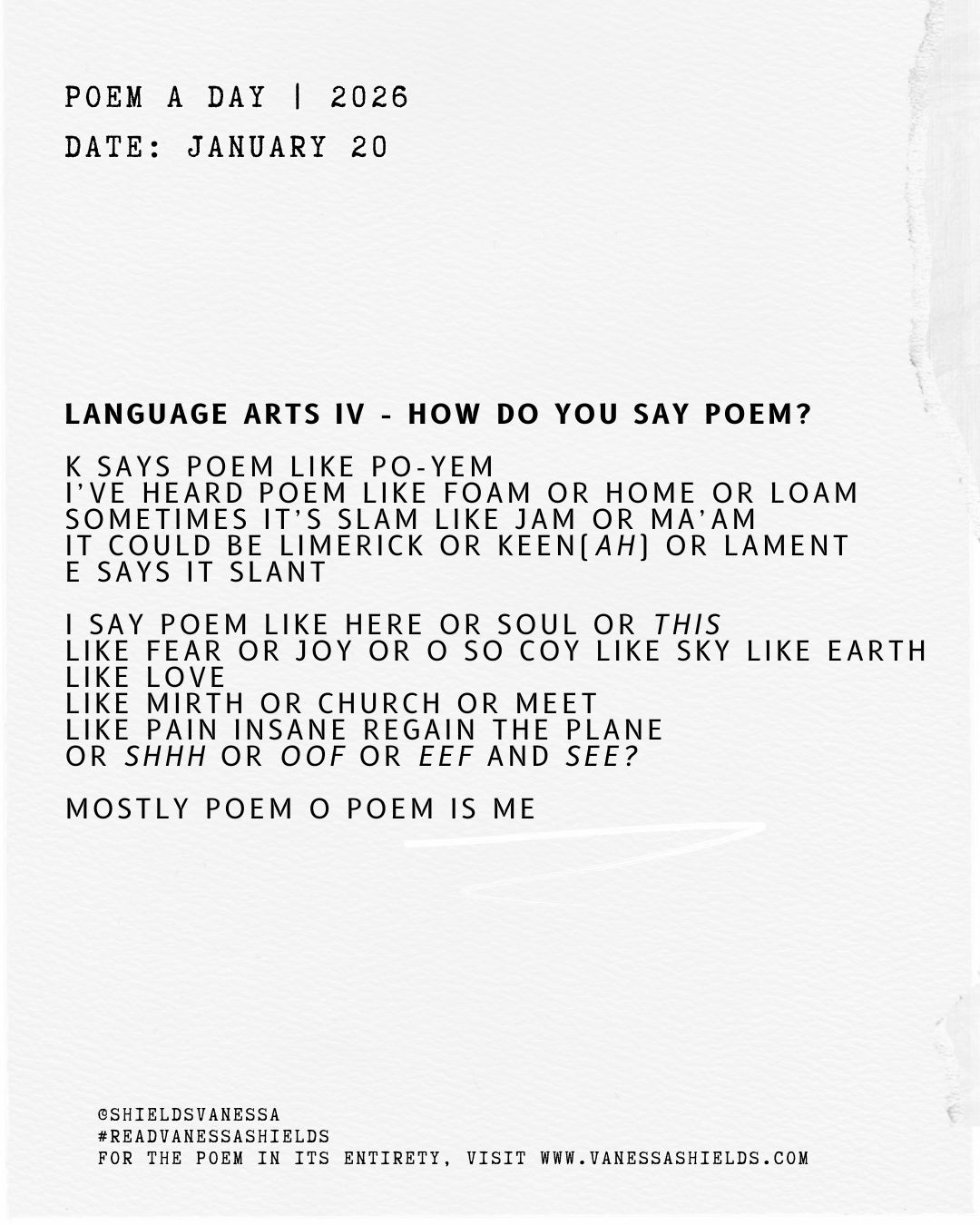 POEM A DAY – January 20 – VANESSA SHIELDS