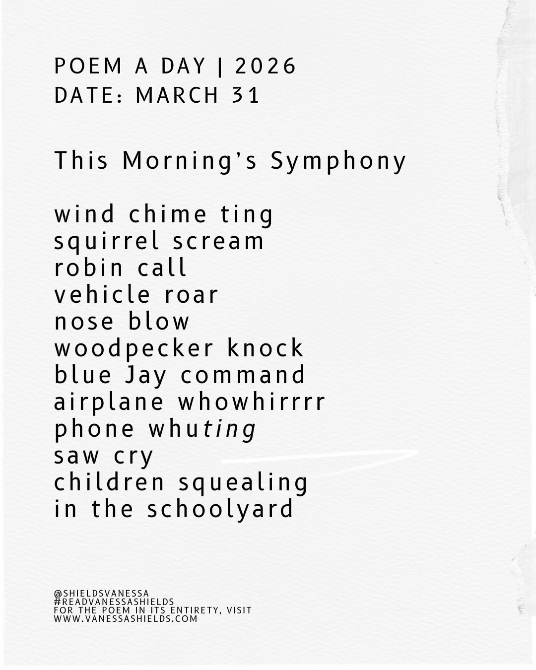 POEM A DAY – March 31 – VANESSA SHIELDS